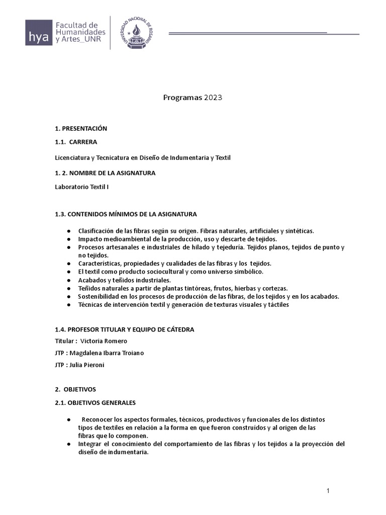 PROGRAMA 2023. LABORATORIO TEXTIL I. Definitivo | PDF | Textiles | Fibra sintética
