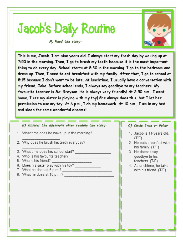 Reading Comprehension Jacobs Daily Routine Reading Comprehension ...