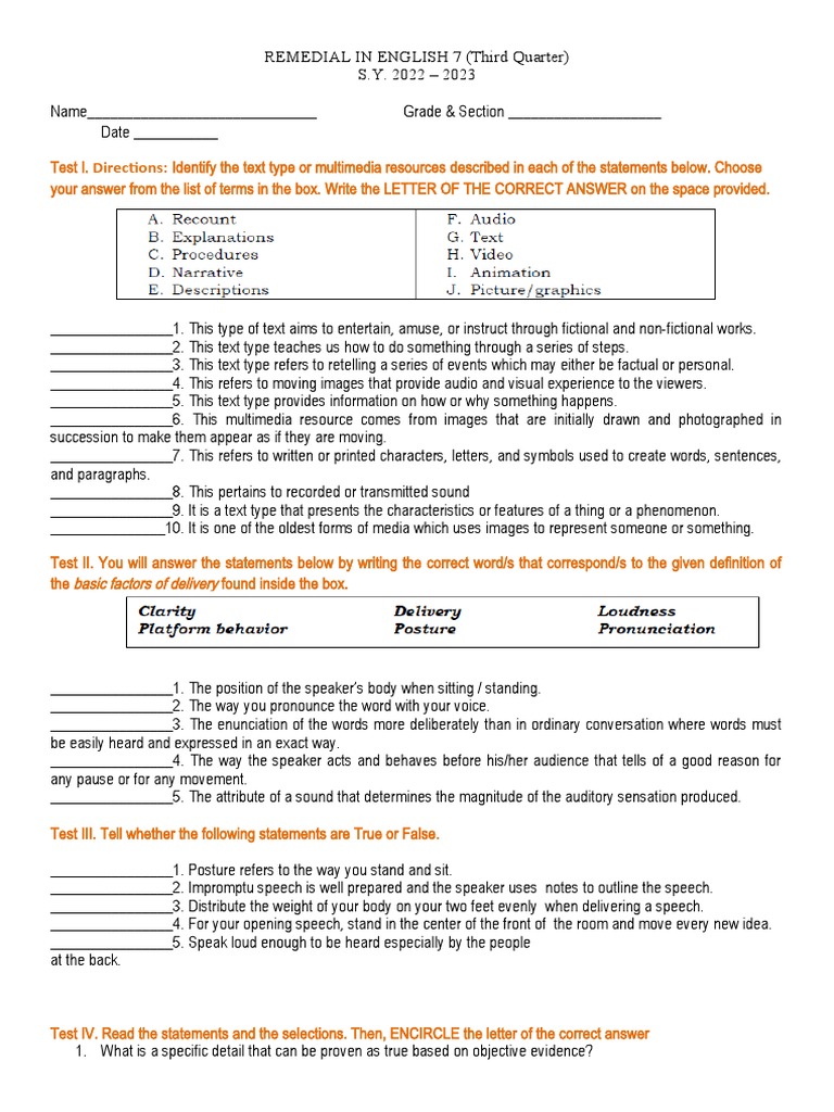 REMEDIAL IN ENGLISH 7 3rd Q | PDF | Evidence | Multimedia