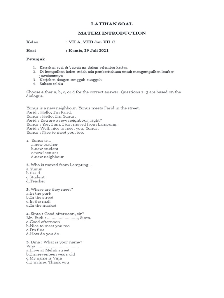 Latihan Soal Introduction Bahasa Inggris Kelas Vii a, Vii b Dan Vii c | PDF | Food And Drink | Meal