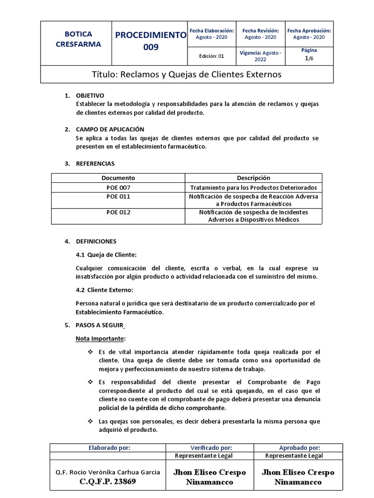 Manejo de quejas y reclamos de clientes externos sobre la calidad de ...