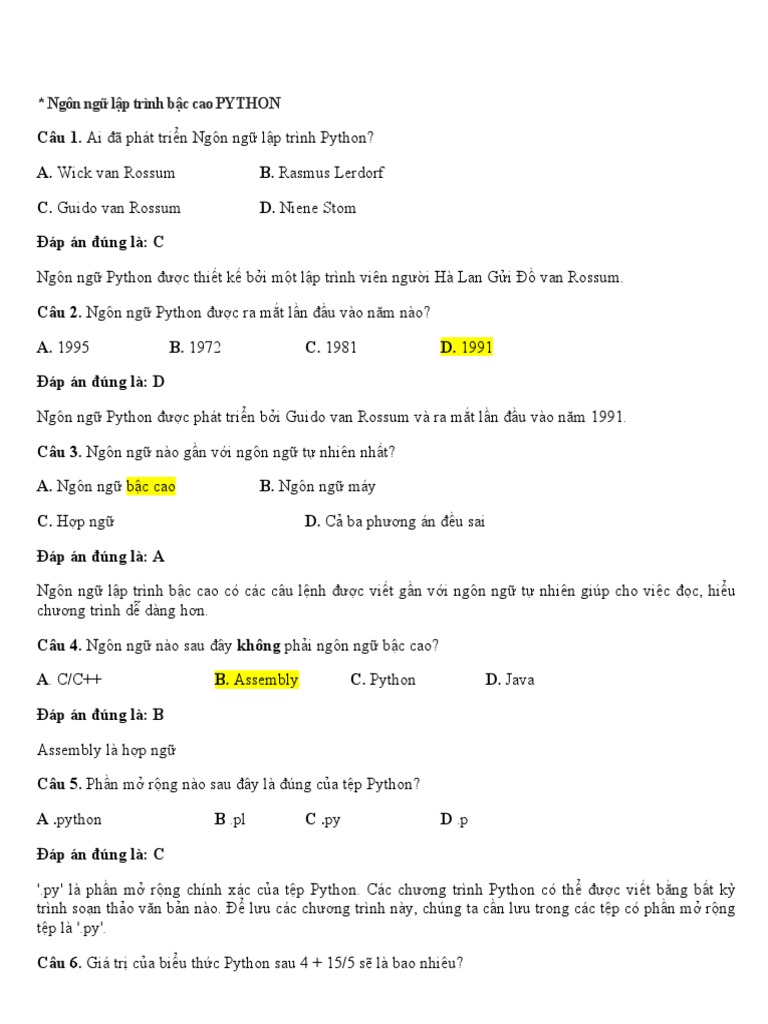 Cau Hoi Trac Nghiem Tin Hoc 11 - Python - Gui Lop | PDF