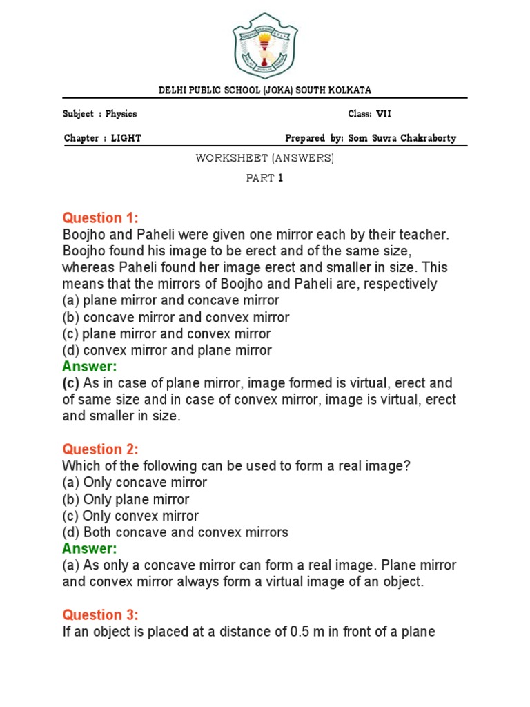 Class 7 Light Worksheet with Answers | PDF | Mirror | Physical Sciences
