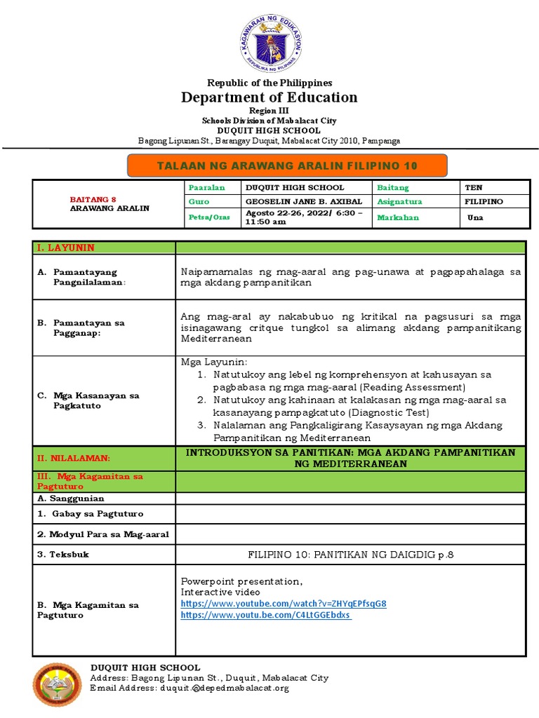 DLP Filipino 10 Q1 W1 | PDF