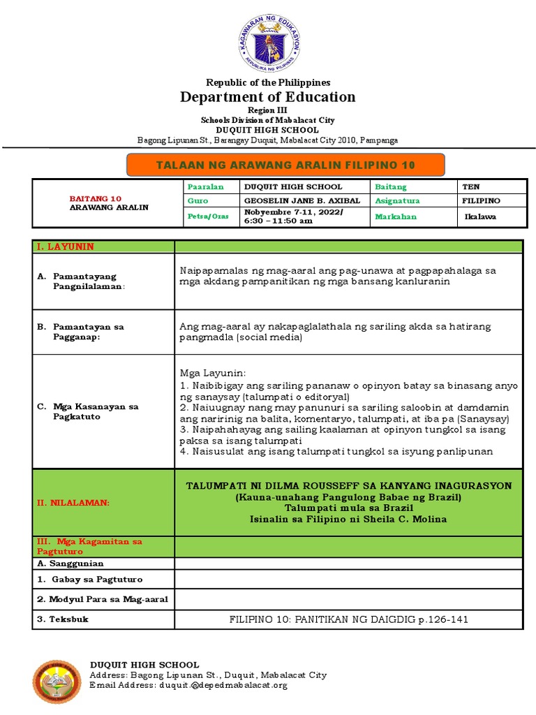 DLP Filipino 10 Q2 W1 | PDF