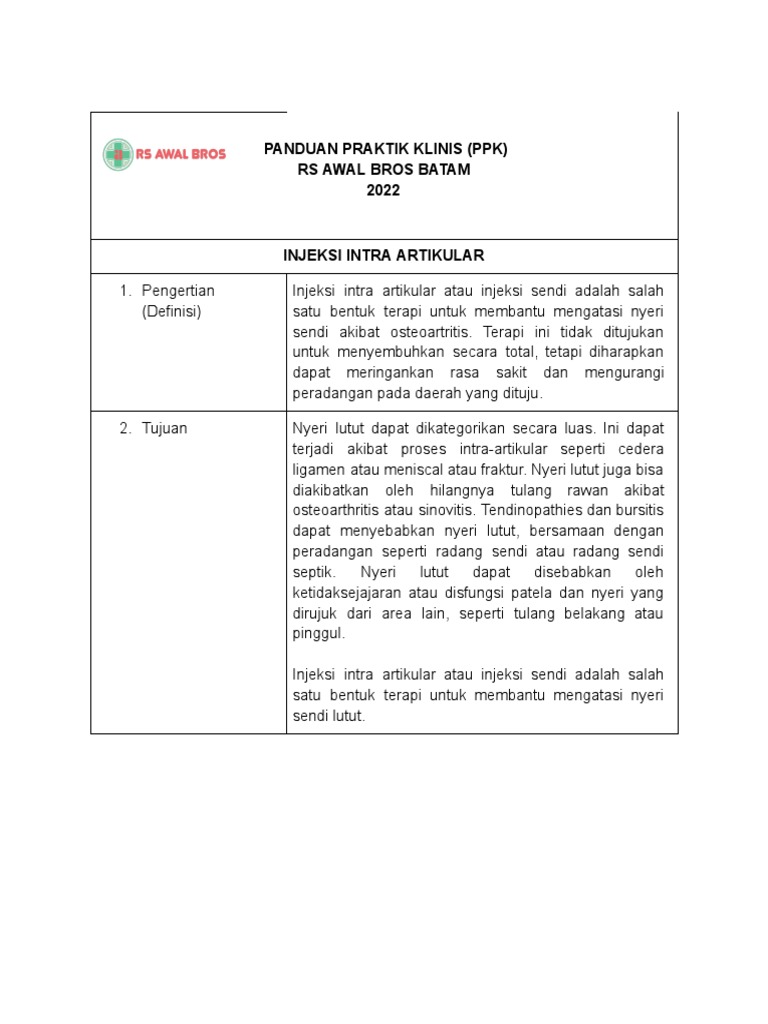 PANDUAN PRAKTIK KLINIS (PPK) Injeksi Intraartikular | PDF
