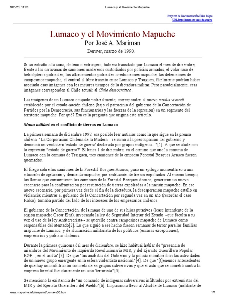 Lumaco y El Movimiento Mapuche | PDF