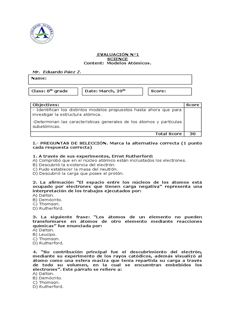 Evaluación N°1 Science 8th | PDF