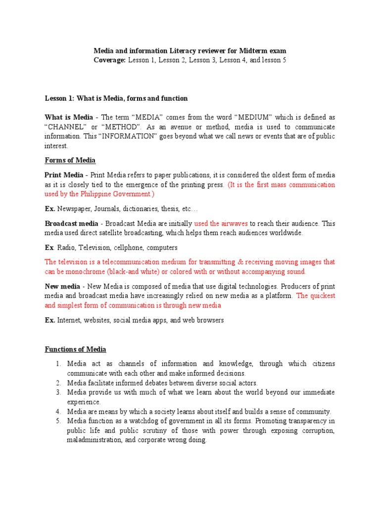 Media and Information Literacy Reviewer For Midterm Exam Reviewer | PDF