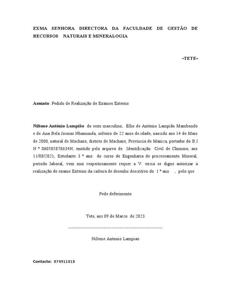 Exma Senhora Directora Da Faculdade de Gestão de Recursos Naturais e ...