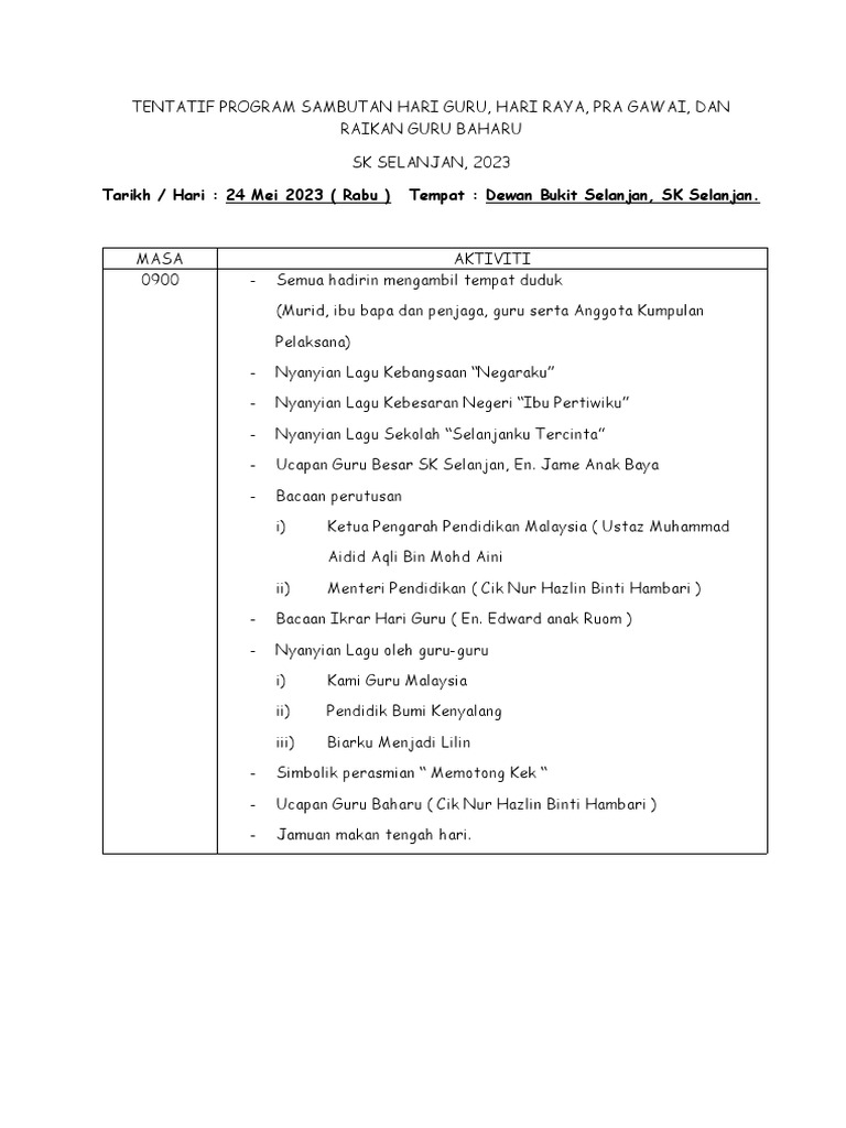 Tentatif Program Sambutan Hari Guru 2023 | PDF