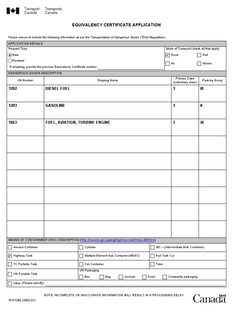 EQUIVALENCY CERTIFICATE APPLICATION | PDF | Dangerous Goods | Transport