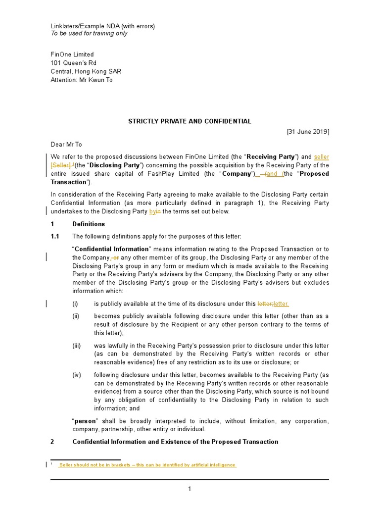 Completed Version Task 4 - Example NDA (With Errors) | PDF