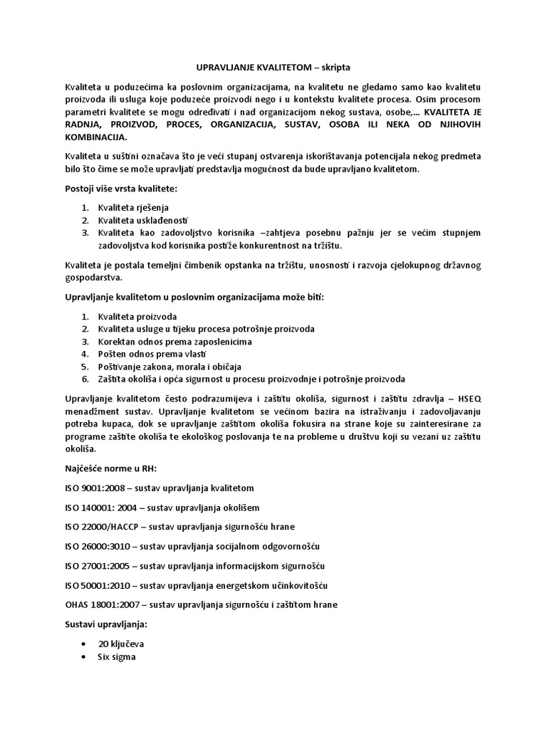 Upravljanje Kvalitetom | PDF