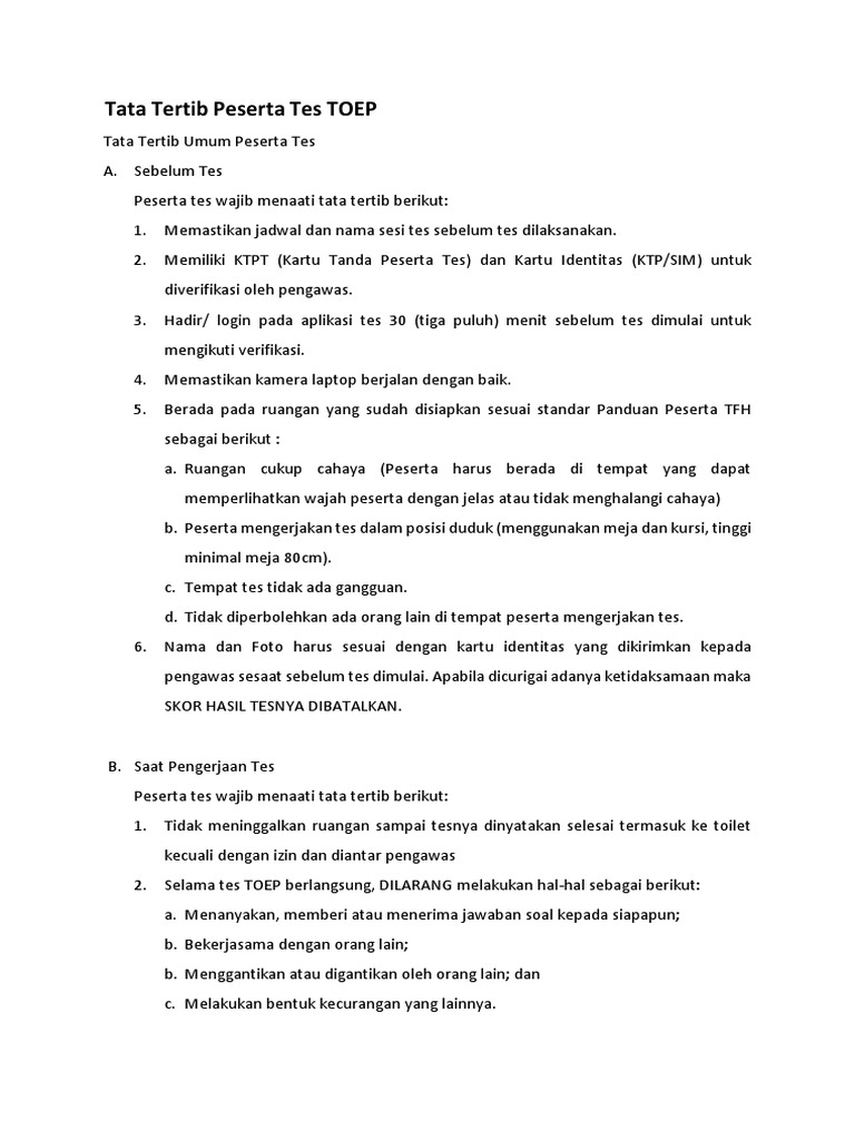 Tata Tertib Peserta TFH TOEP Dan TPDA PLTI | PDF