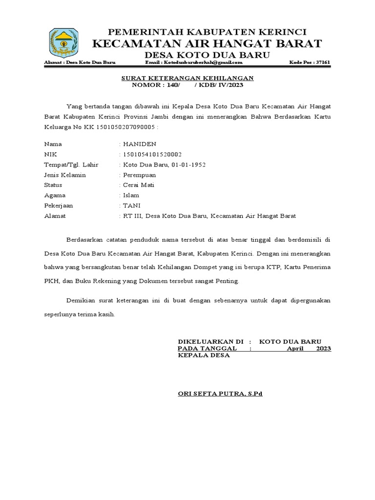 Surat Keterangan Kehilangan Kartu PKH | PDF