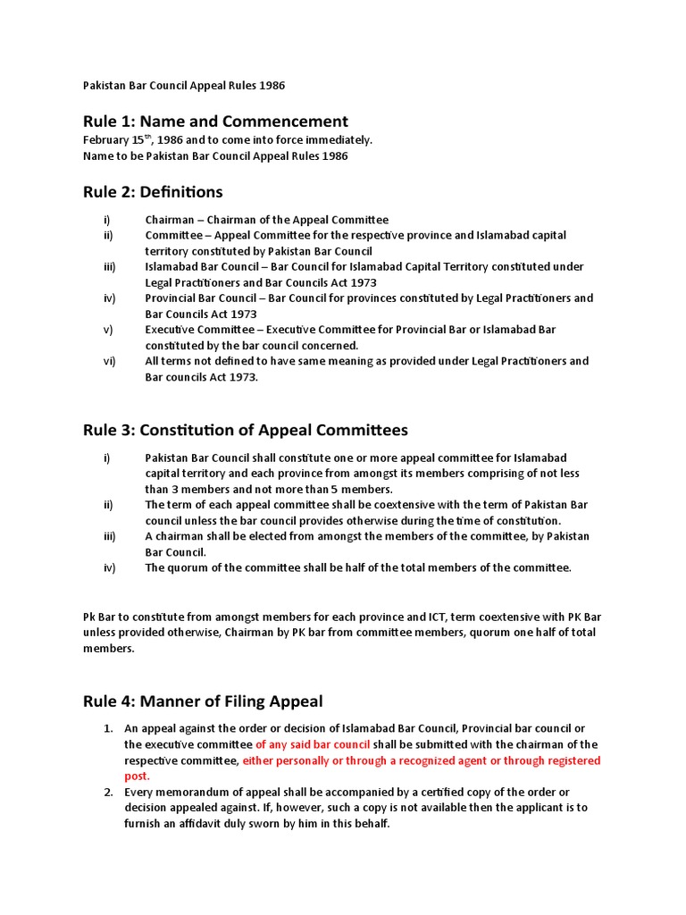 Pakistan Bar Council Appeal Rules 1986 | PDF
