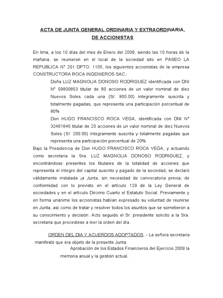 Acta de Junta General Ordinaria y Extraordinaria | PDF
