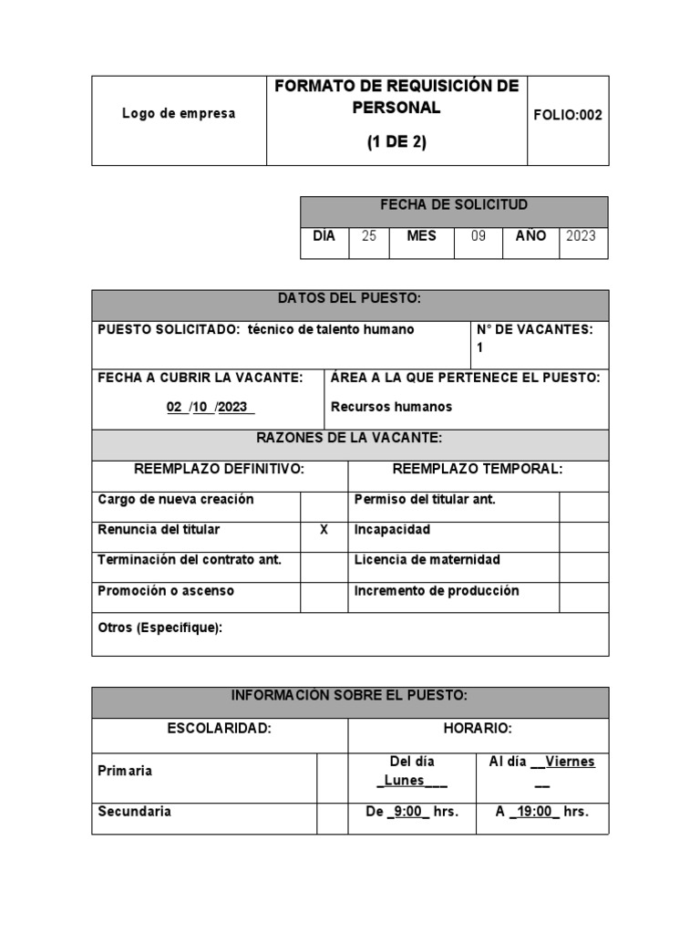 Formato de Requisicion de Personal | PDF | Gestión de recursos humanos ...