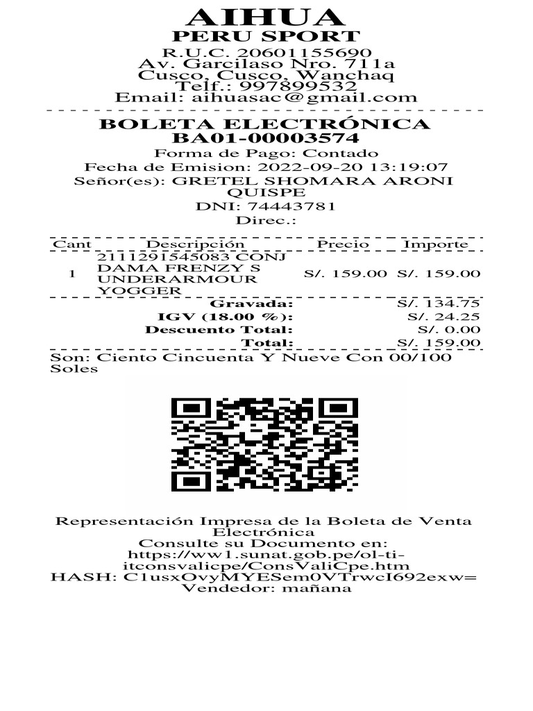 Boleta Electrónica de Aihua Perú Sport | PDF