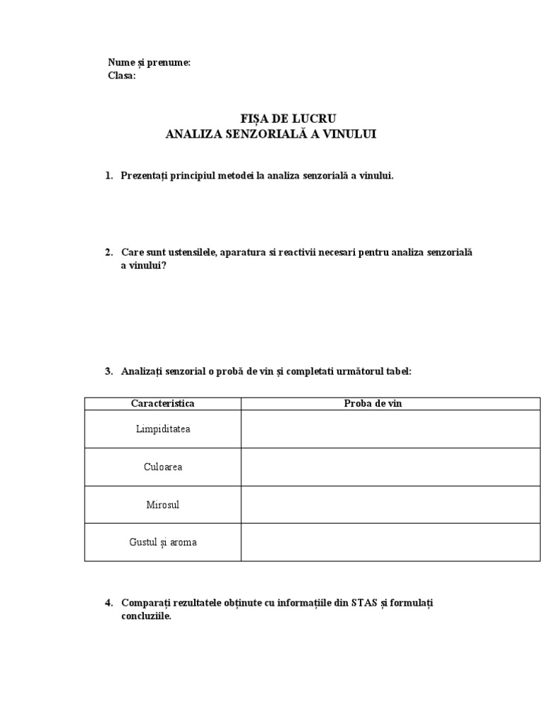 Fisa de Lucru Analiza Senzoriala A Vinului | PDF Fisa de Lucru Analiza Senzoriala A Vinului | PDF