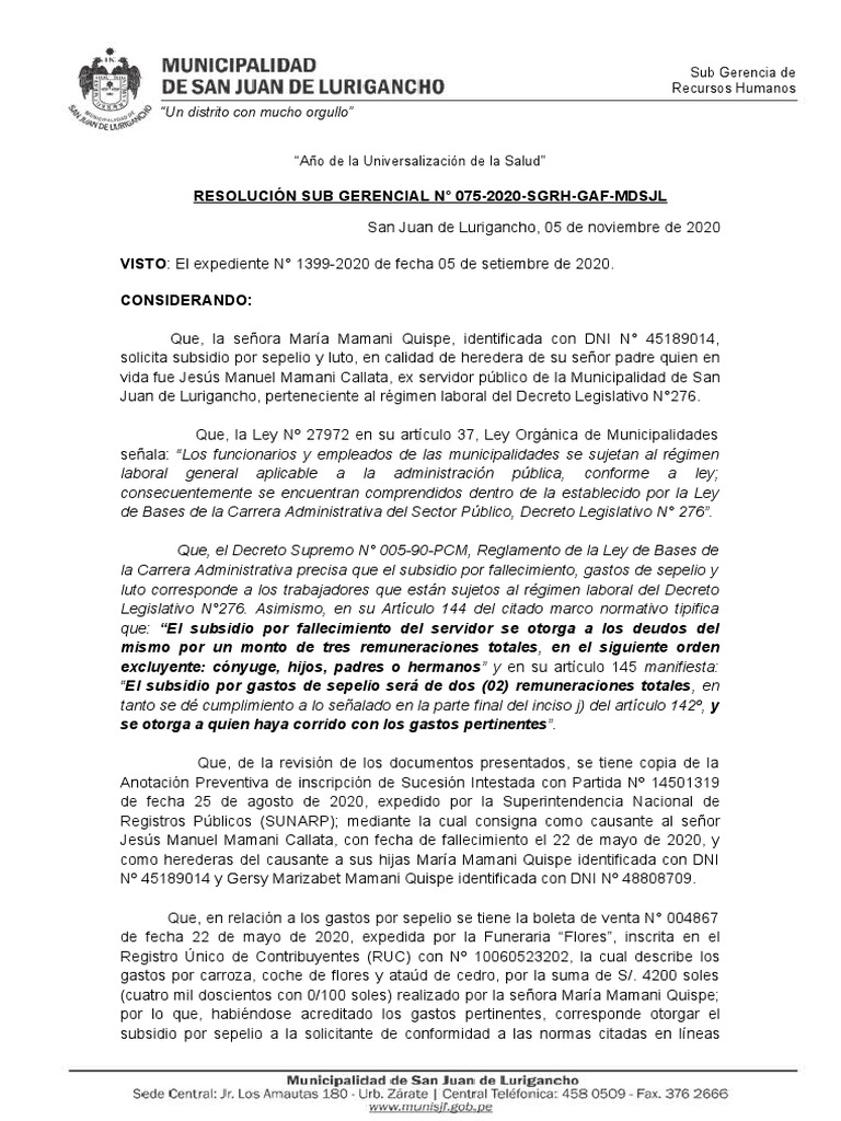 Subsidio por Sepelio para María Mamani | PDF | Gobierno