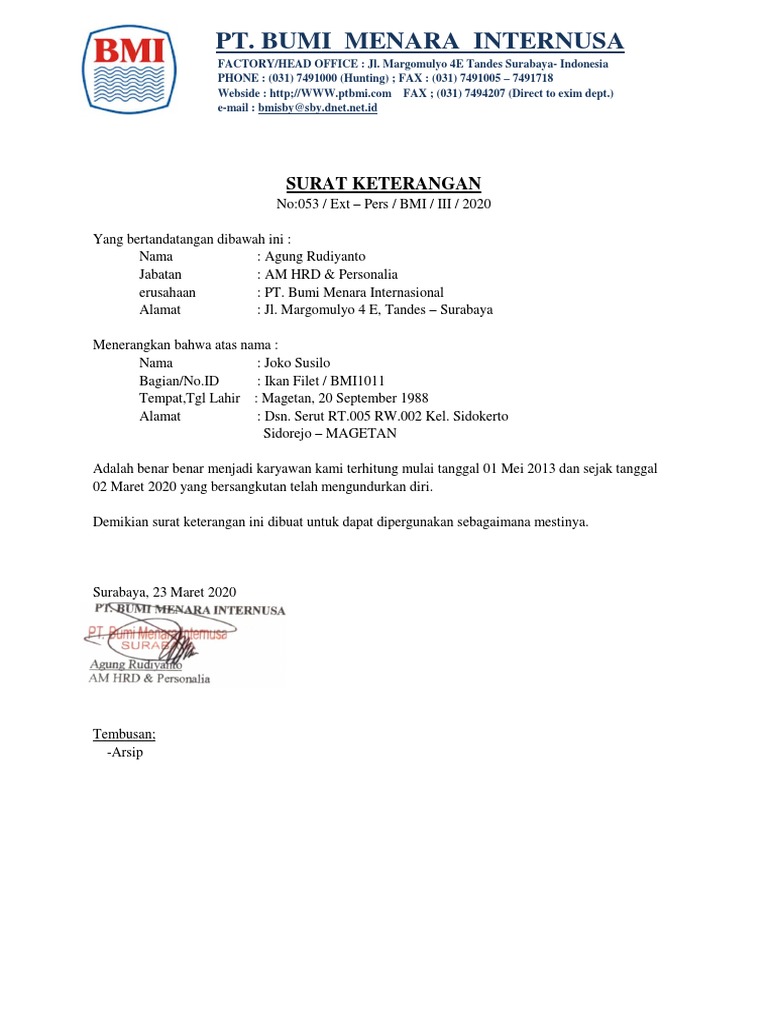 Surat Keterangan Karyawan PT BMI | PDF