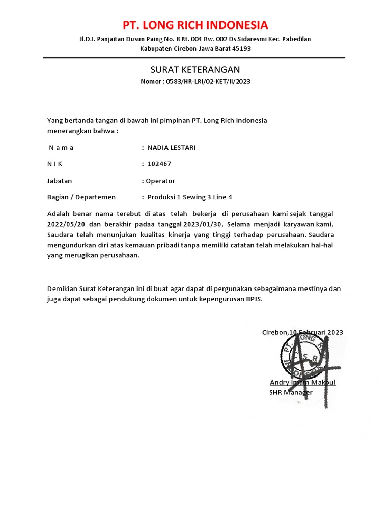 Pt. Long Rich Indonesia Nadia Lestari Rev 1 | PDF