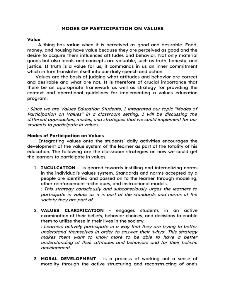 Modes of Participation On Values | PDF | Learning | Attitude (Psychology)
