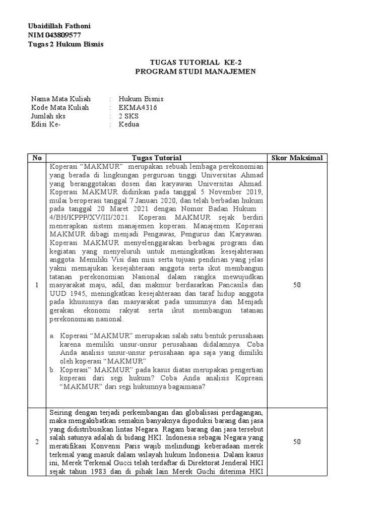 Tugas Tutorial 2 Hukum Bisnis 2023 - 1 | PDF | Bisnis