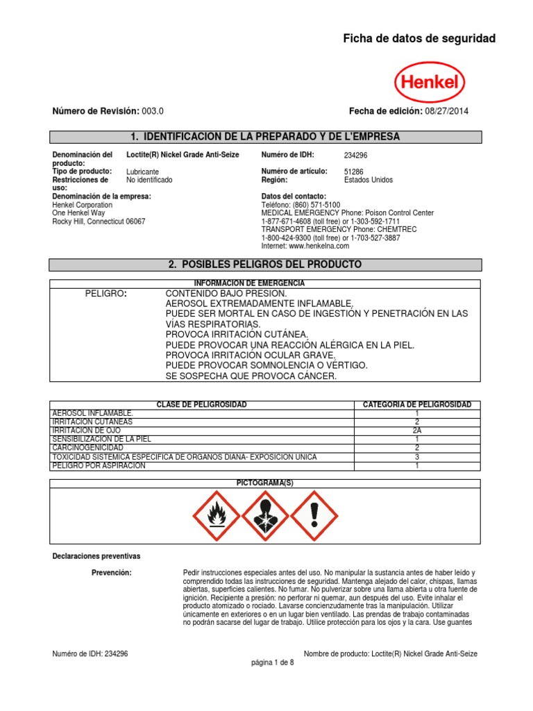 Ficha de Seguridad: Loctite Nickel Anti-Seize | PDF
