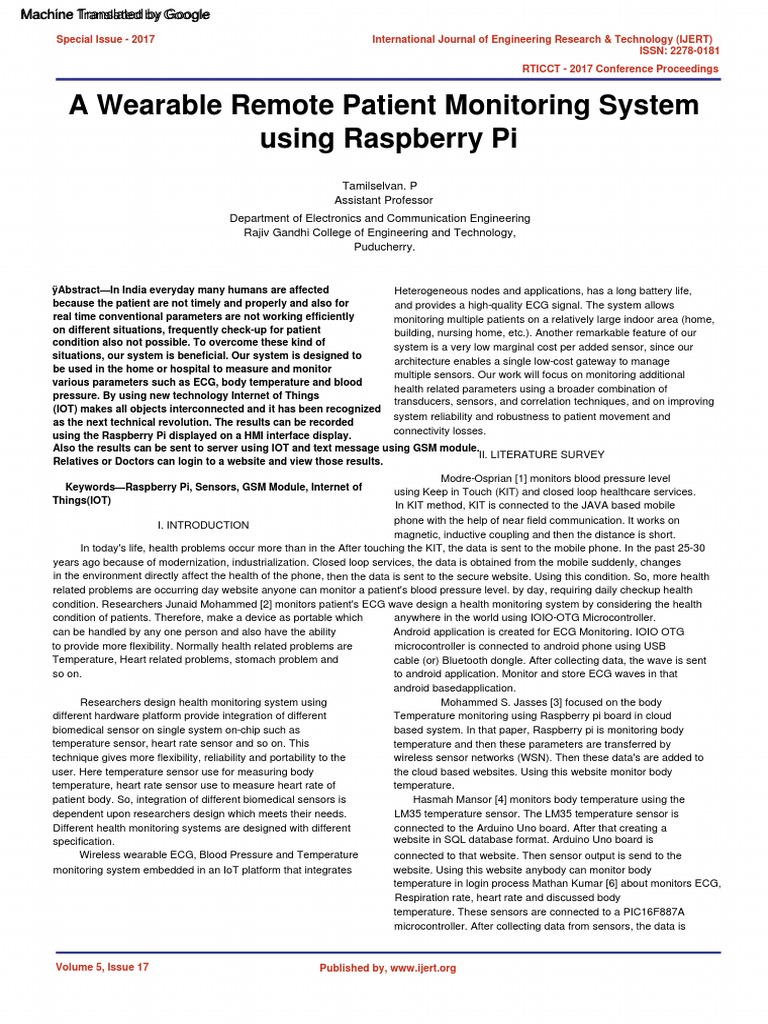 A Wearable Remote Patient Monitoring System Using Raspberry Pi IJERTCONV5IS17047 | PDF ...