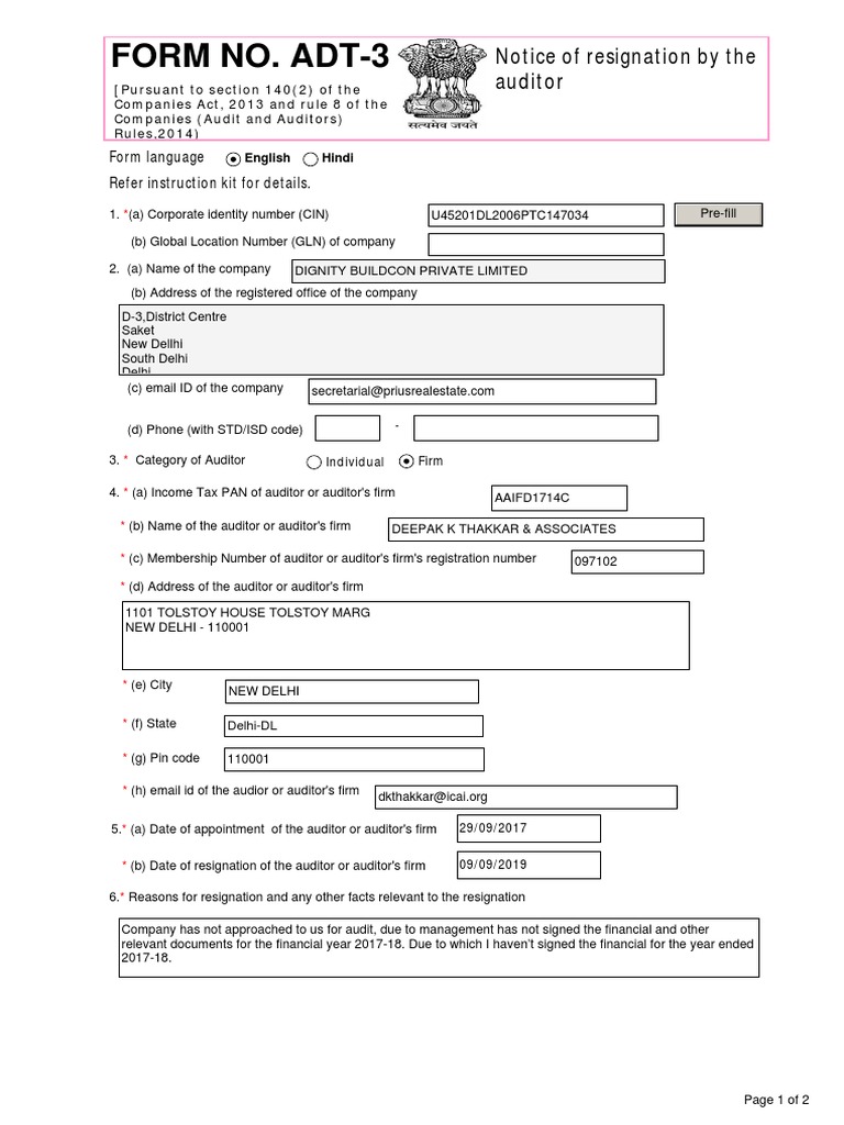 Auditor Resignation Notice Form ADT-3 | PDF | Audit | Government