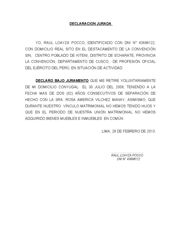 Declaracion Jurada para Divorcio | PDF Declaracion Jurada para Divorcio | PDF