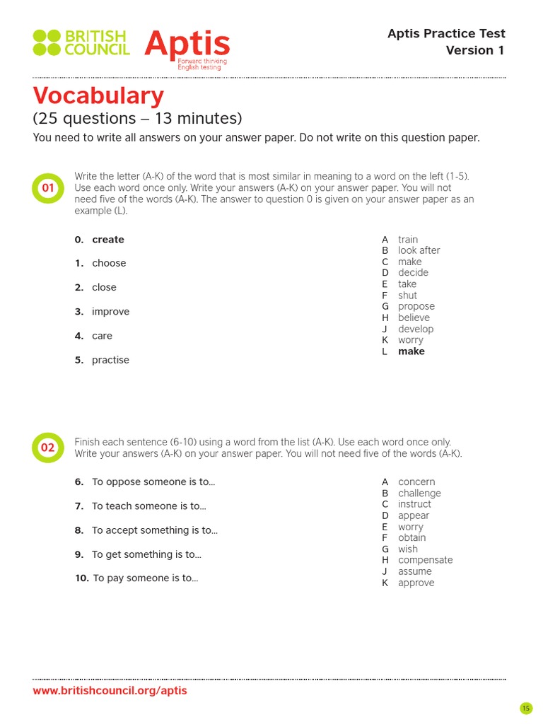 APTIS Vocabulary & Reading 1 | PDF