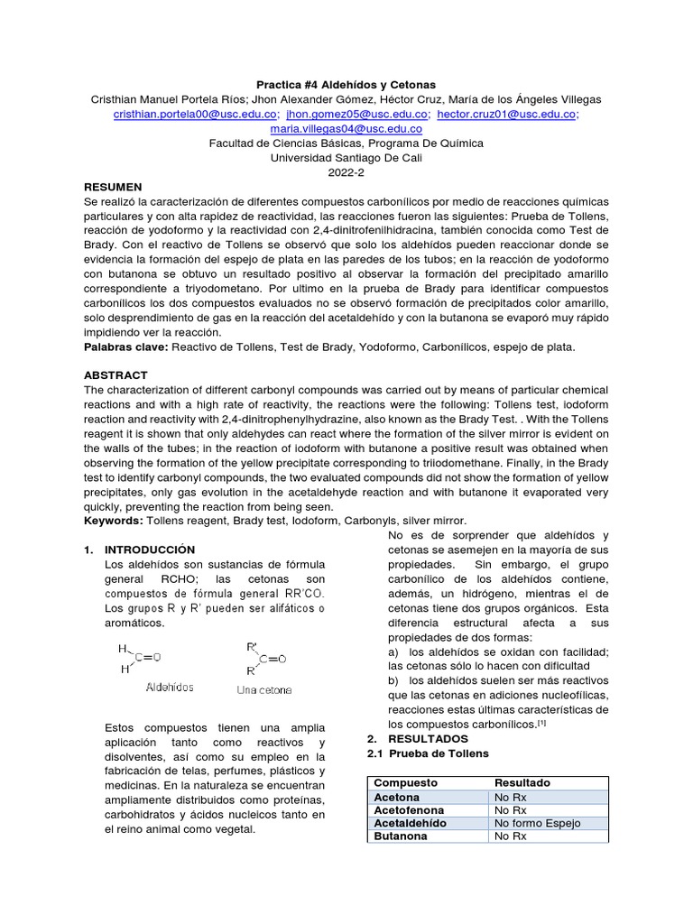 Inf. Practica 4 Cetonas y Aldehidos | PDF | Cetona | Aldehído