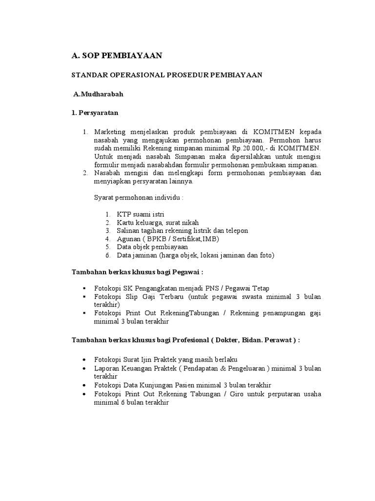 Prosedur SOP Pembiayaan Bank Syariah | PDF