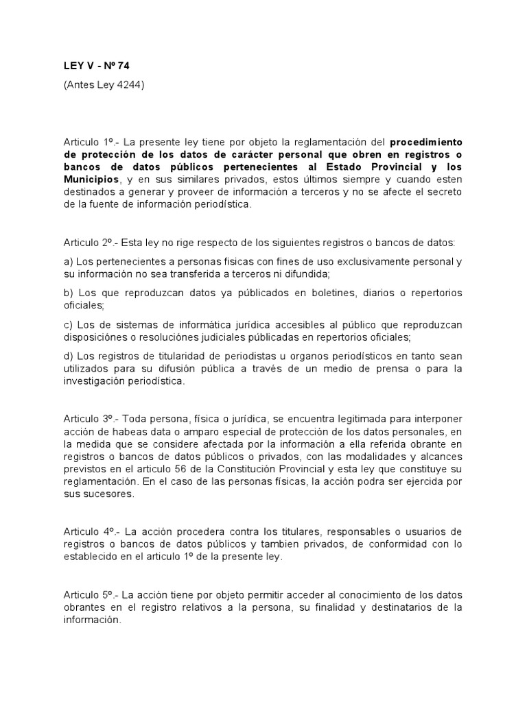 Ley V Nro 74 Habeas Data Provincial | PDF