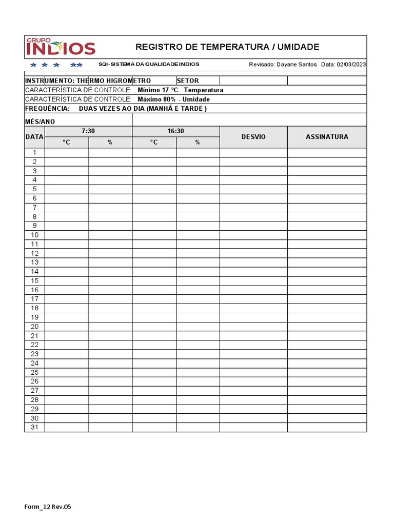 Form - 12 - Controle de Temperatura e Umidade | PDF