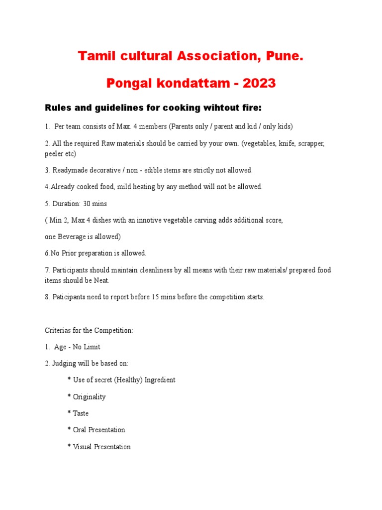 Tamil cultural Association Pongal cooking competition | PDF