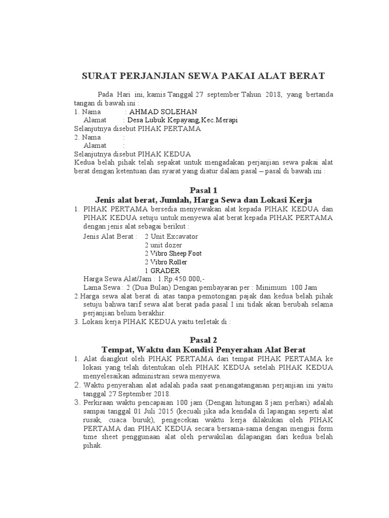 Surat Perjanjian Sewa Pakai Alat Berat | PDF