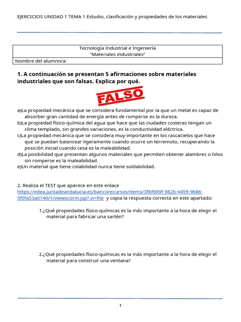 EJERCICIOS Materiales TI1 - U1-PROPIEDADES DE LOS MATERIALES | PDF | Acero | Cobre