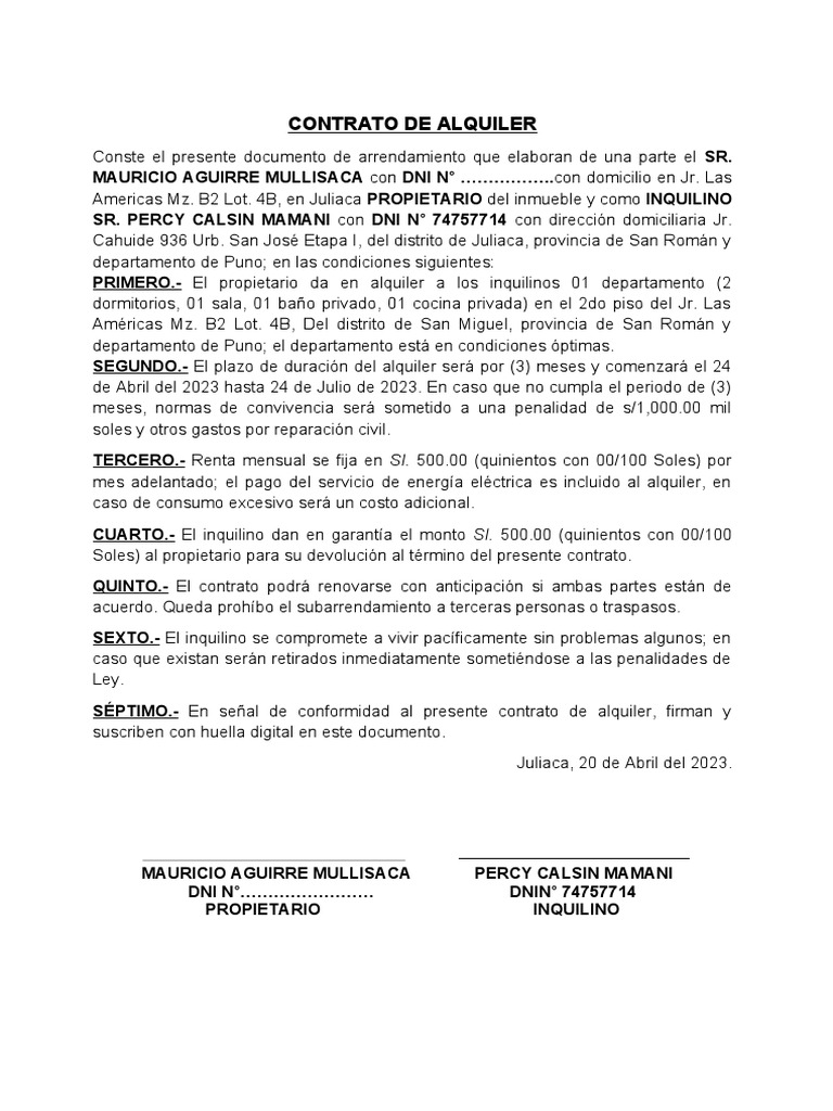 Contrato de Alquiler Un Departamento | PDF Contrato de Alquiler Un Departamento | PDF