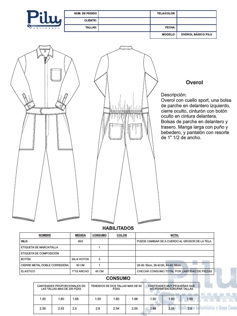 Especificaciones Overol Básico Pilu | PDF | Ropa
