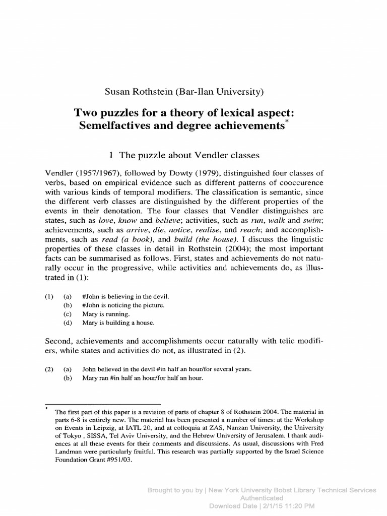 Two Puzzles For A Theory of Lexical Aspect Semelfactives and Deg | PDF | Language Mechanics | Syntax