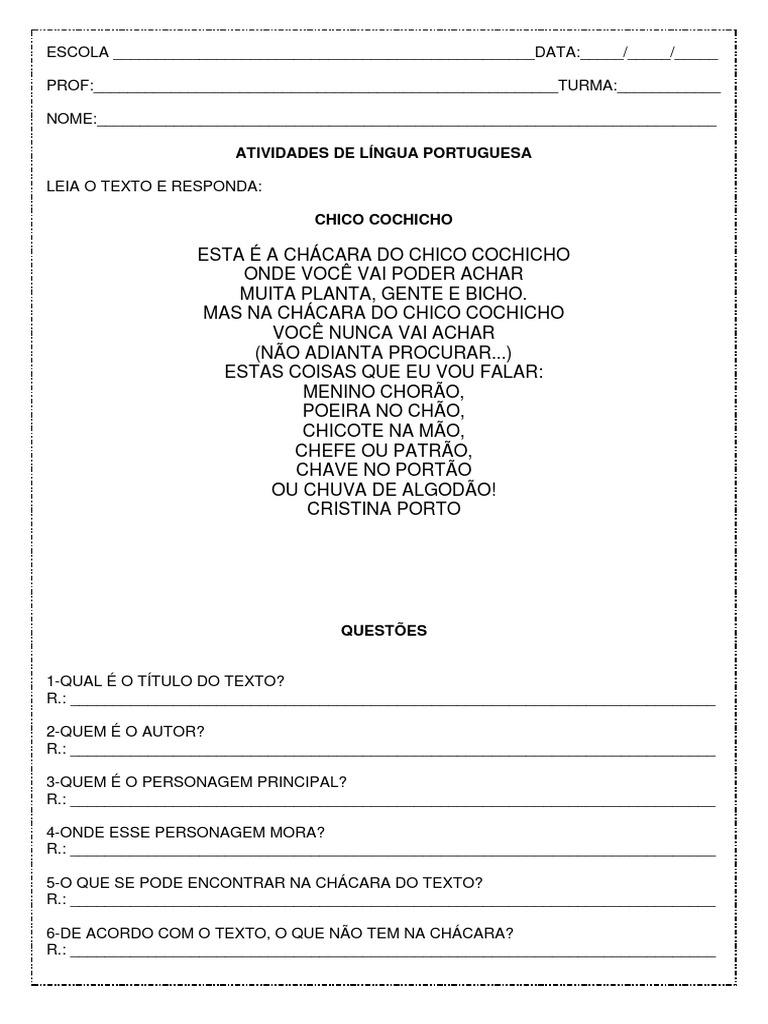 Atividades de Interpretação: Chico Cochicho | PDF | Sílaba | Linguística