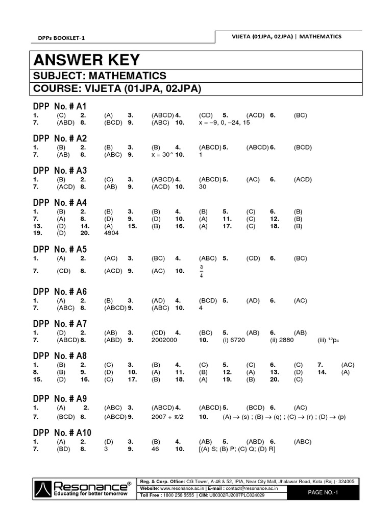 Maths Answer+key 01jpa,+02jpa | PDF