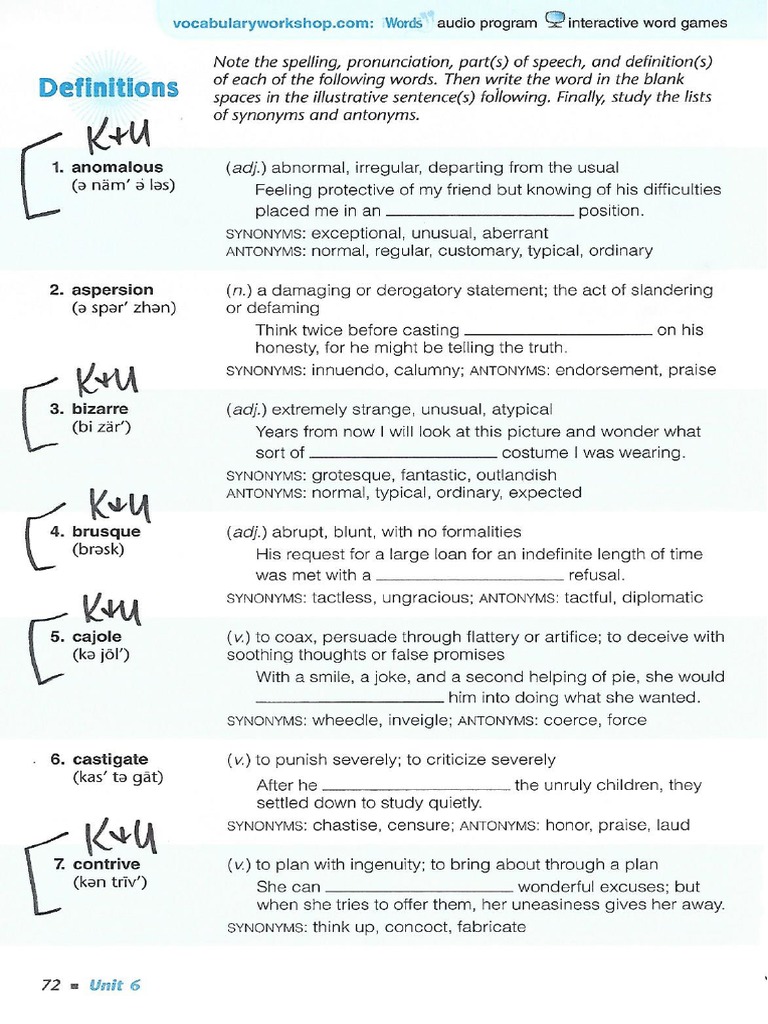 Unit 6 Vocabulary Level F Answers | PDF