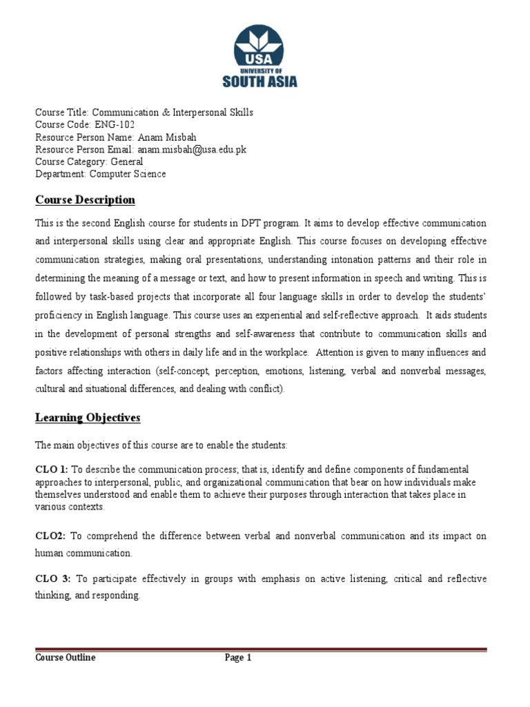 Communication And Interpersonal Skills Course Outline Pdf Communication Interpersonal