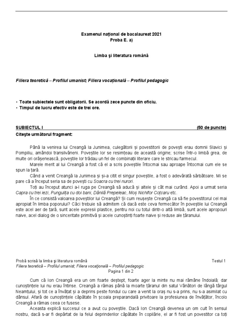 Examenul Național de Bacalaureat 2021 Proba E. A) Limba Şi Literatura ...